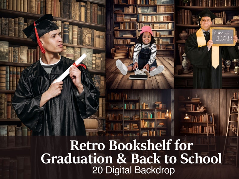 20 Retro Bookshelf Graduation/back to School Digital Backgrounds, Class ...