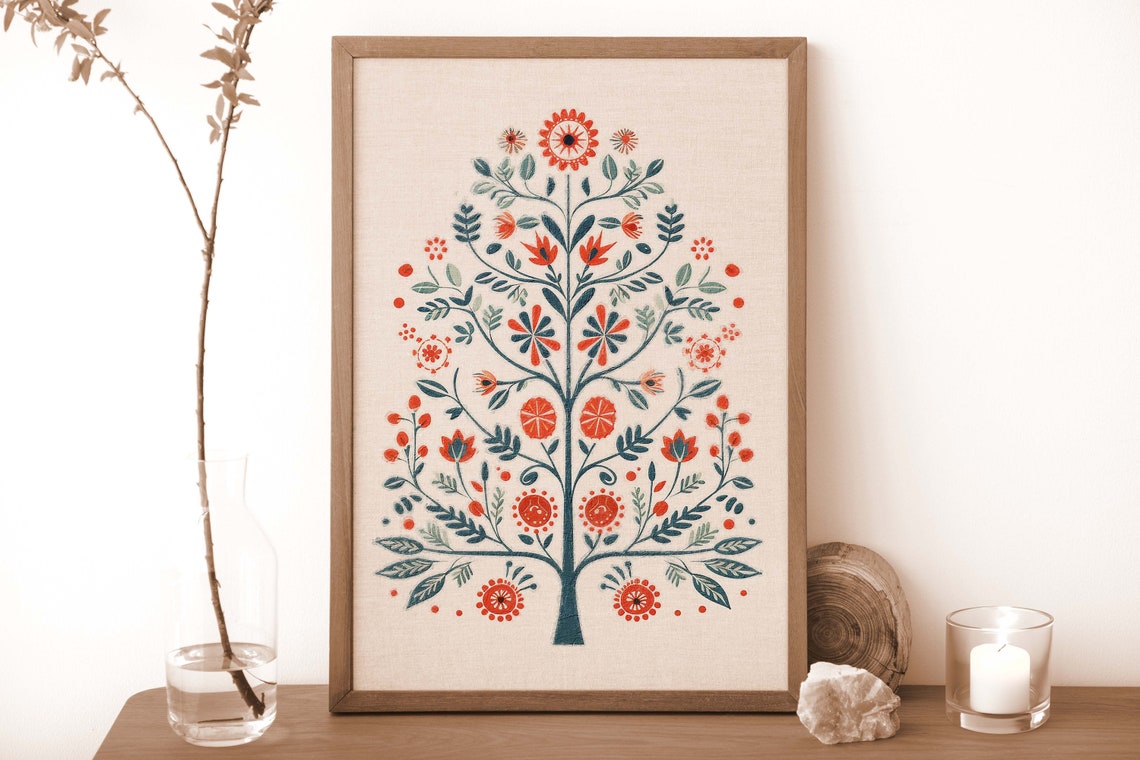 Scandinavian Folk Art Style Pine Tree, Scandinavian Print, Art Gift ...