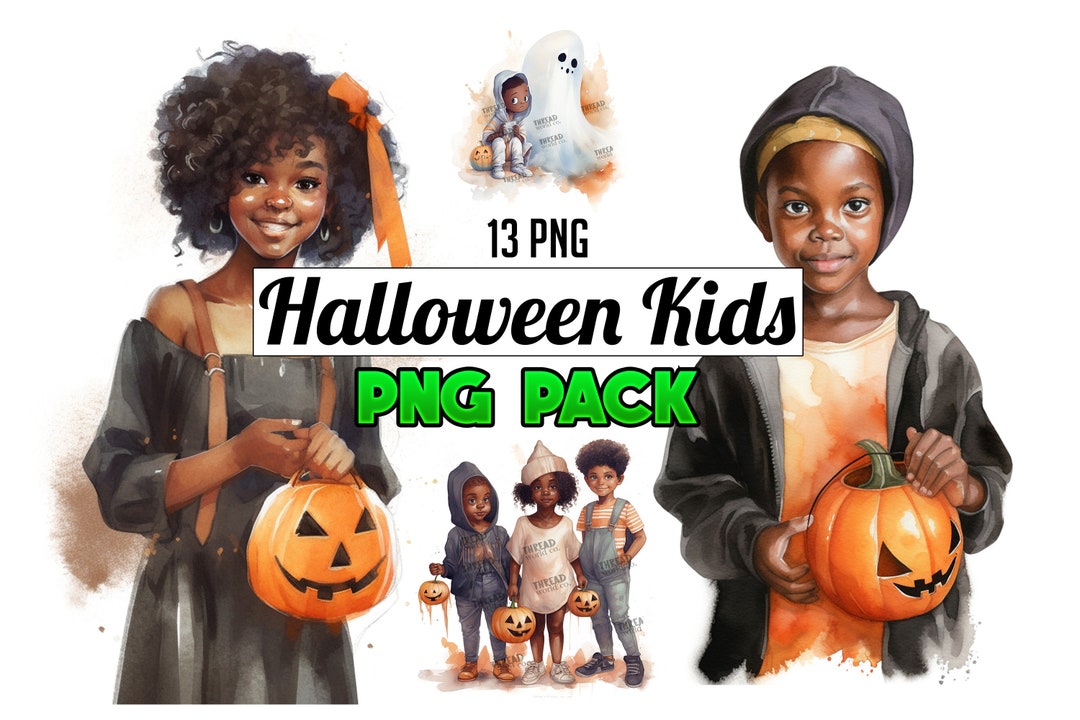 13 Black Halloween Kids PNG Watercolor Clipart, Trick-or-treat, African ...