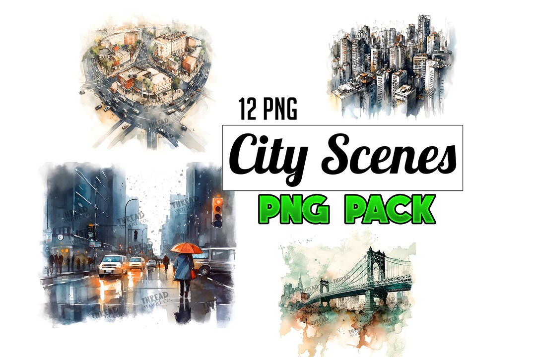 12 Watercolor City PNG Clipart, Scrapbook Art, Bustling City Digital ...