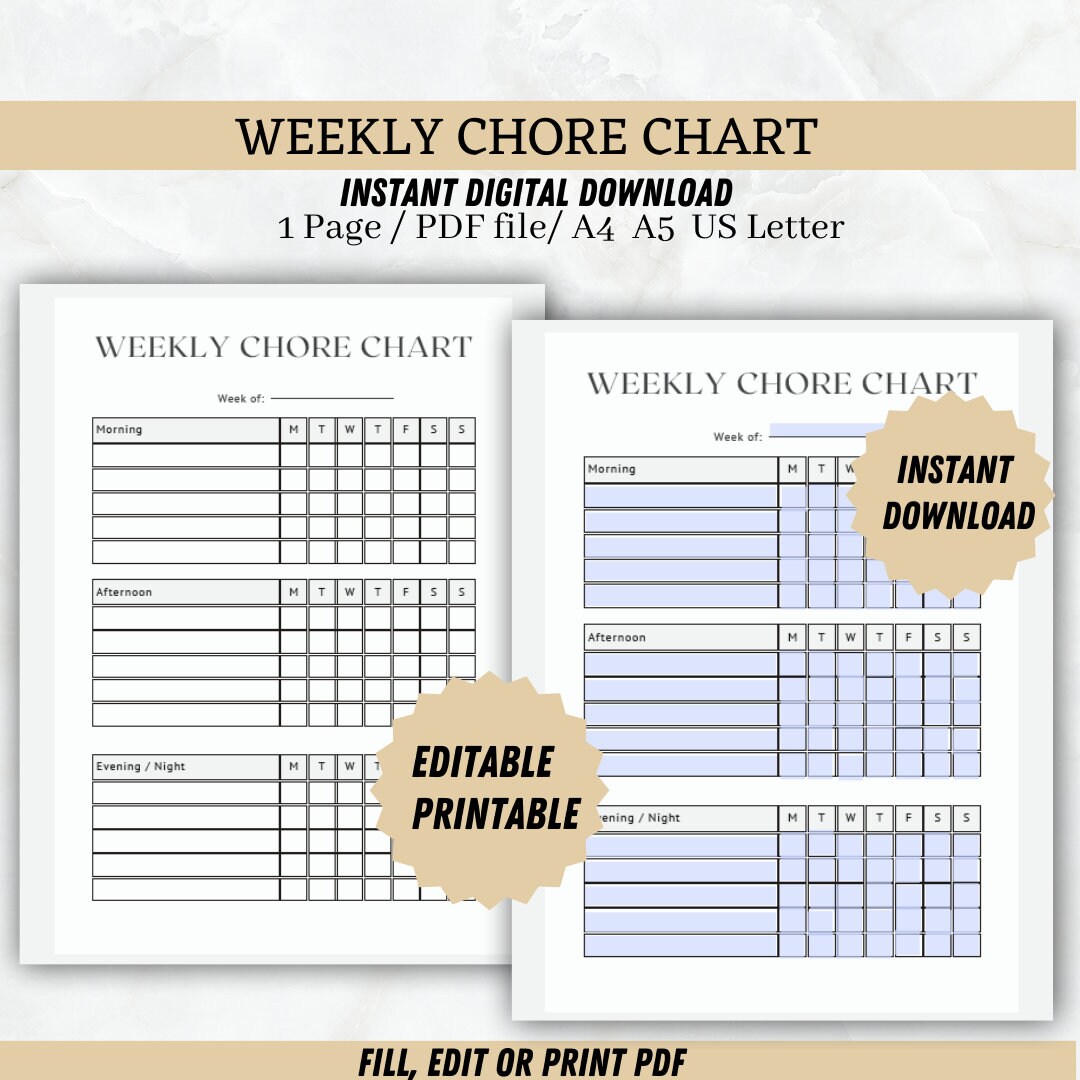 Chore List Chore Checklist Weekly Chore Chart Editable Chore Chart ...