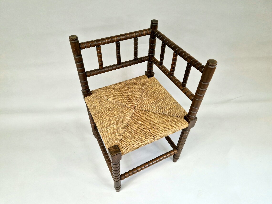 Antique English Bobbin Corner Chair, Bobbin Chair, Rush Seat Chair ...