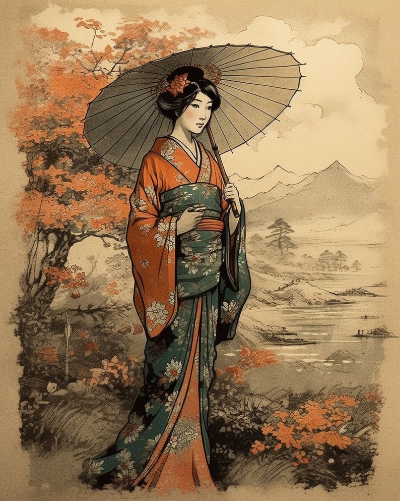Geisha Japanese Style Drawing Art - Digital Print of Beautiful and ...