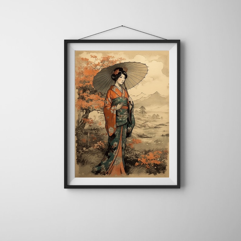 Geisha Japanese Style Drawing Art - Digital Print of Beautiful and ...