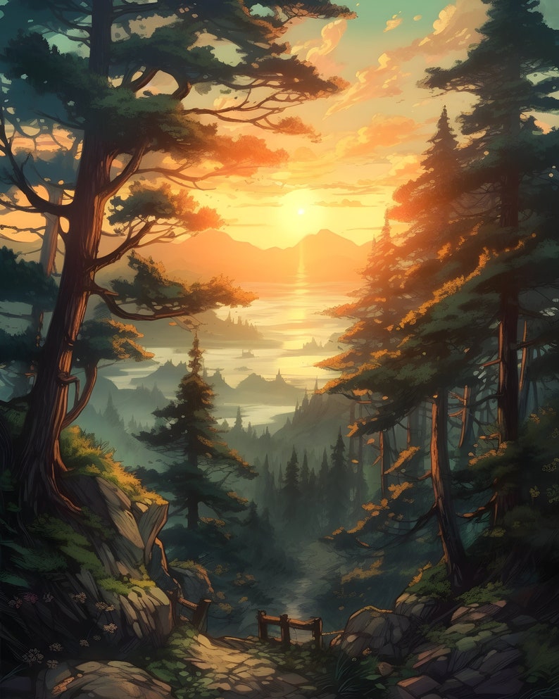 Neo-traditional Anime Japanese Landscape Digital Print - Vibrant and ...