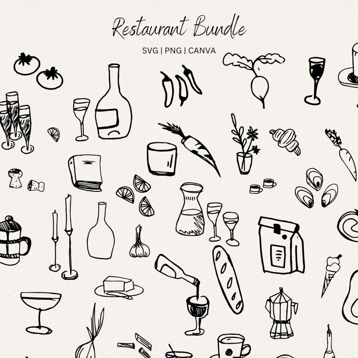 Hand Drawn Restaurant Icon Bundle, Sketch Style Menu Illustrations PNG ...