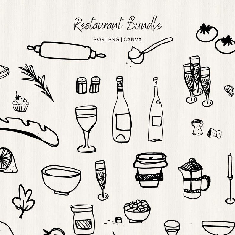 Hand Drawn Restaurant Icon Bundle, Sketch Style Menu Illustrations PNG ...