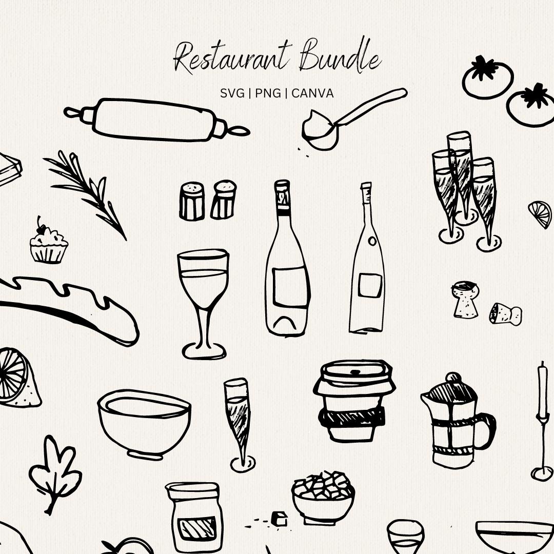 Hand Drawn Restaurant Icon Bundle, Sketch Style Menu Illustrations PNG ...