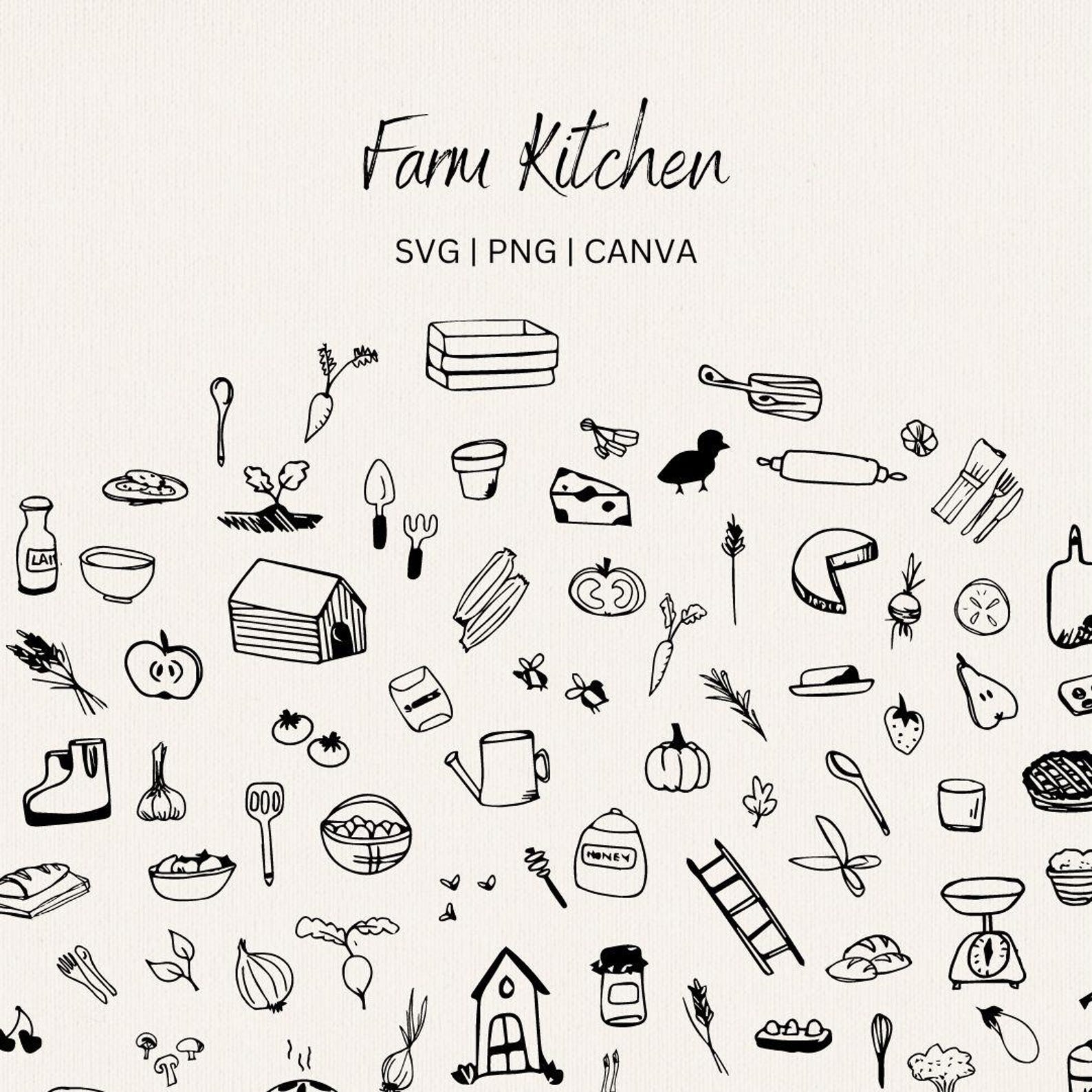 Hand Drawn Farm Kitchen Icon Bundle, Sketch Style Menu Illustrations ...