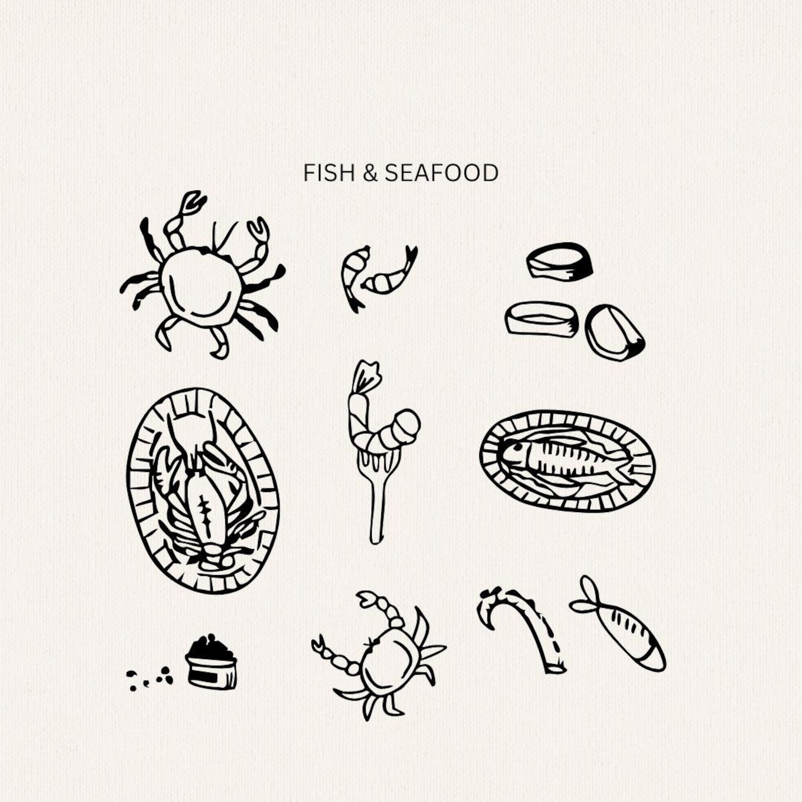 Hand Drawn Seafood Restaurant Icon Bundle, Sketch Style Menu ...