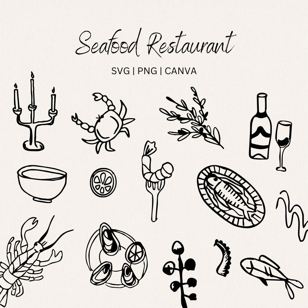 Hand Drawn Seafood Restaurant Icon Bundle, Sketch Style Menu ...