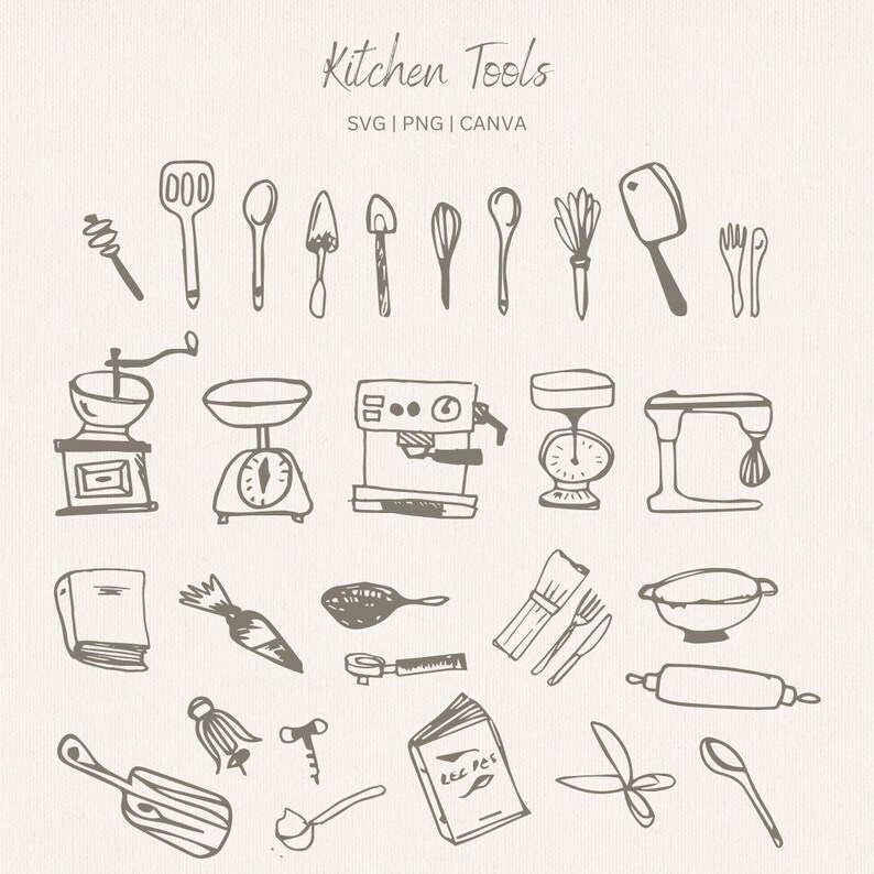 Hand Drawn Kitchen Tools - 30 Sketchy Icons of Baking Tools, Utensils ...