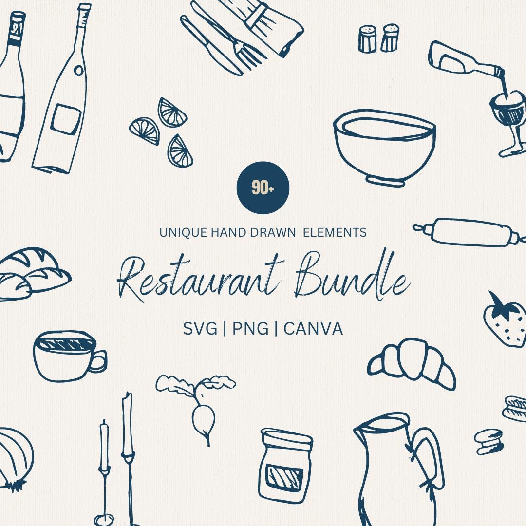 Hand Drawn Restaurant Icon Bundle, Sketch Style Menu Illustrations PNG ...