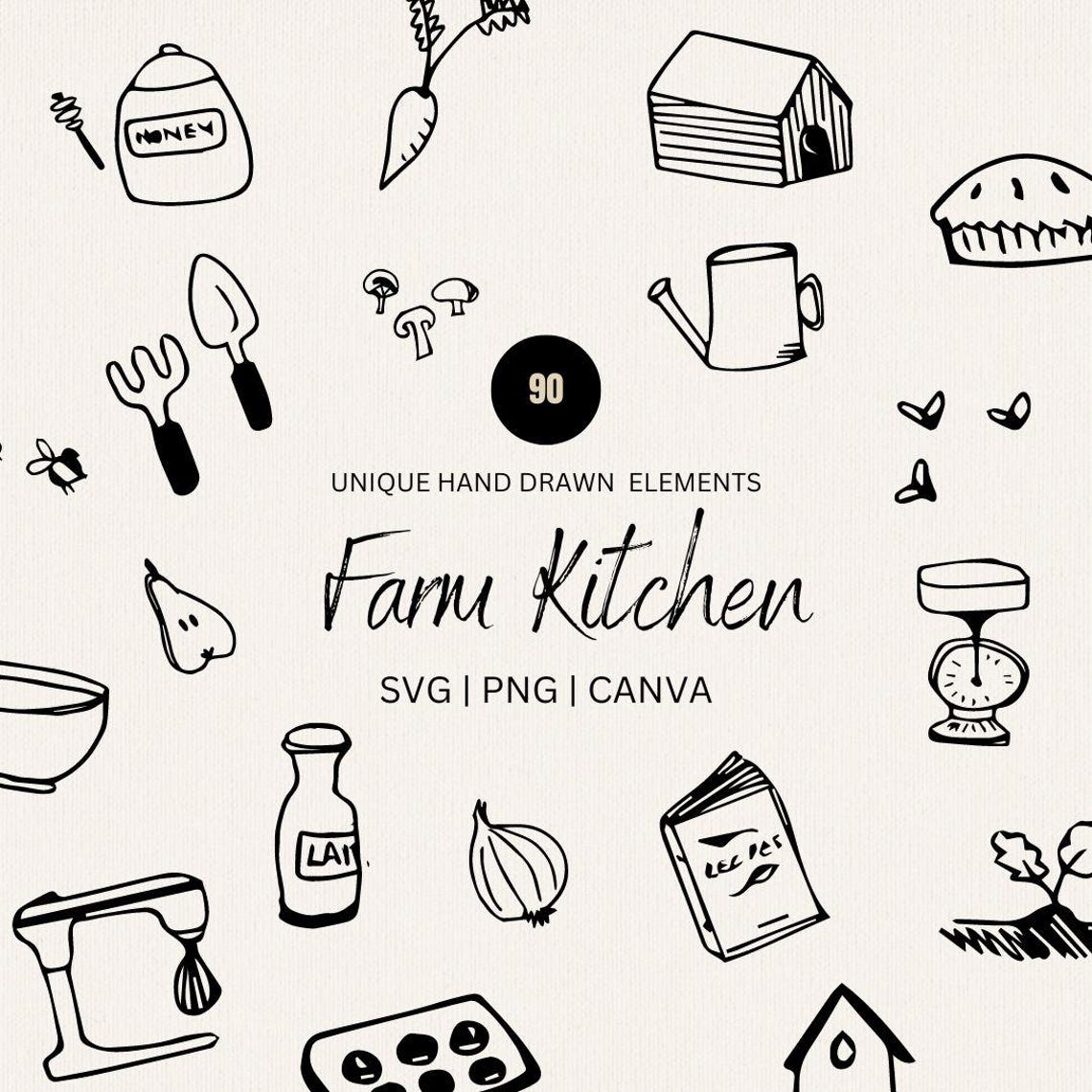 Hand Drawn Farm Kitchen Icon Bundle, Sketch Style Menu Illustrations ...