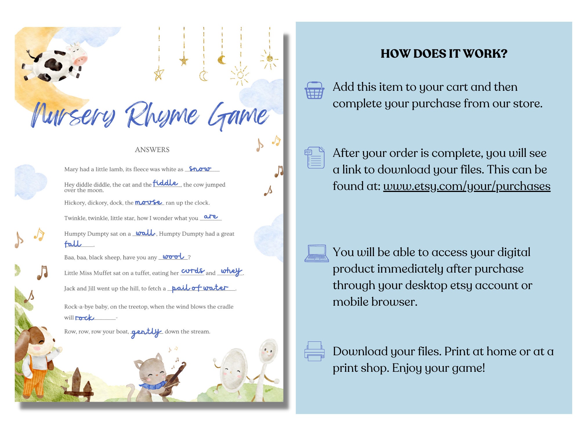 Nursery Rhyme Baby Shower Game, Hey Diddle, Humpty Dumpty, Twinkle ...