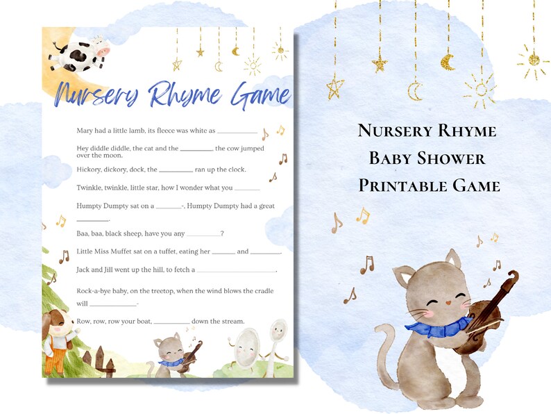 Nursery Rhyme Baby Shower Game, Hey Diddle, Humpty Dumpty, Twinkle ...