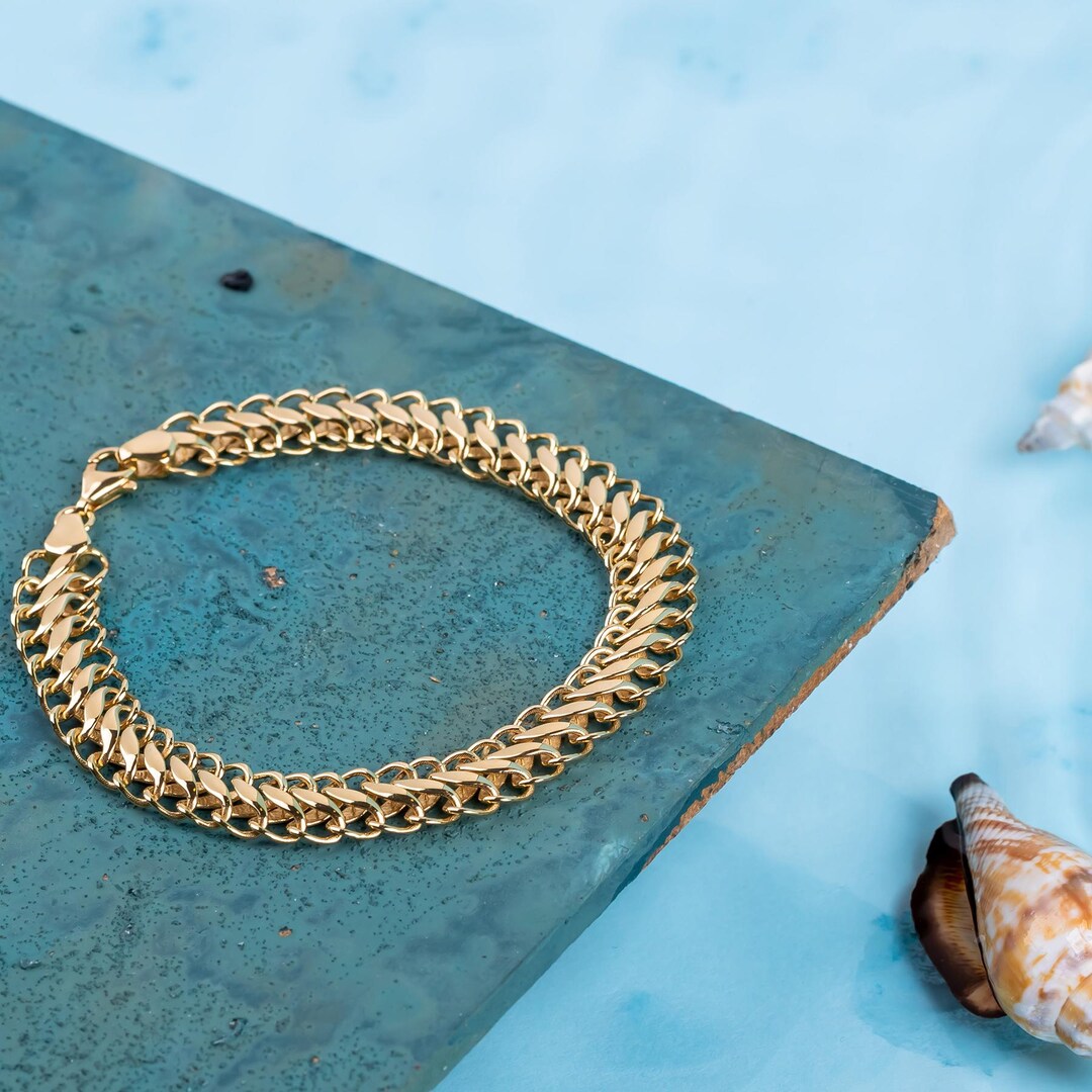 14K Solid Gold Double Curb Chain Bracelet - Bold Yellow Gold Jewelry - Etsy