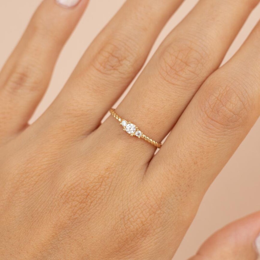 8K-18K Solid Gold Twisted Band Engagement Ring – Dainty Diamond Look ...