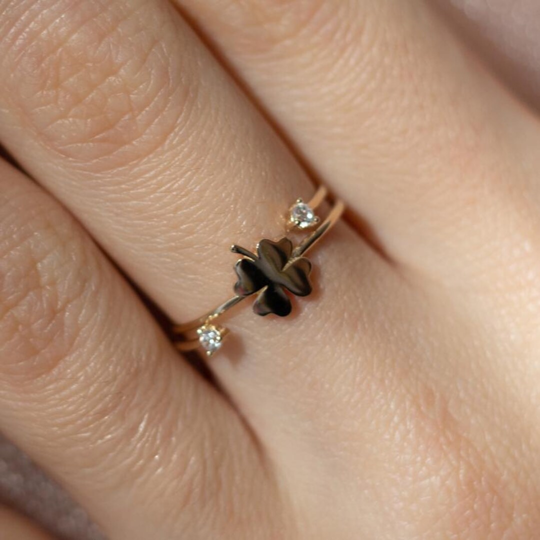 Solid Gold Four-leaf Clover Ring: Lucky Charm With Sparkling Stones - Etsy