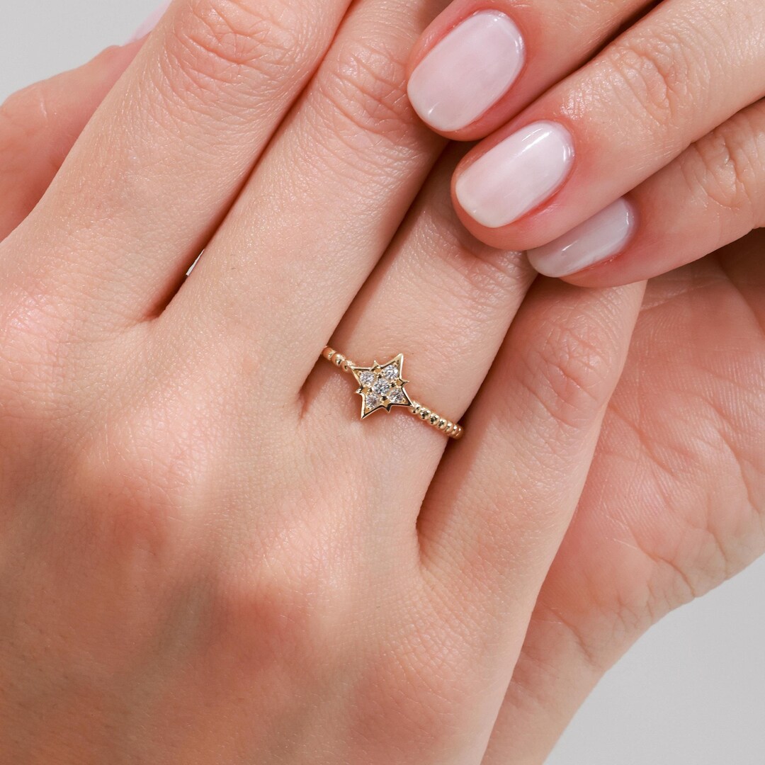 Real Gold Star Ring With Zircon Stones - 10K 14K 18K - Etsy