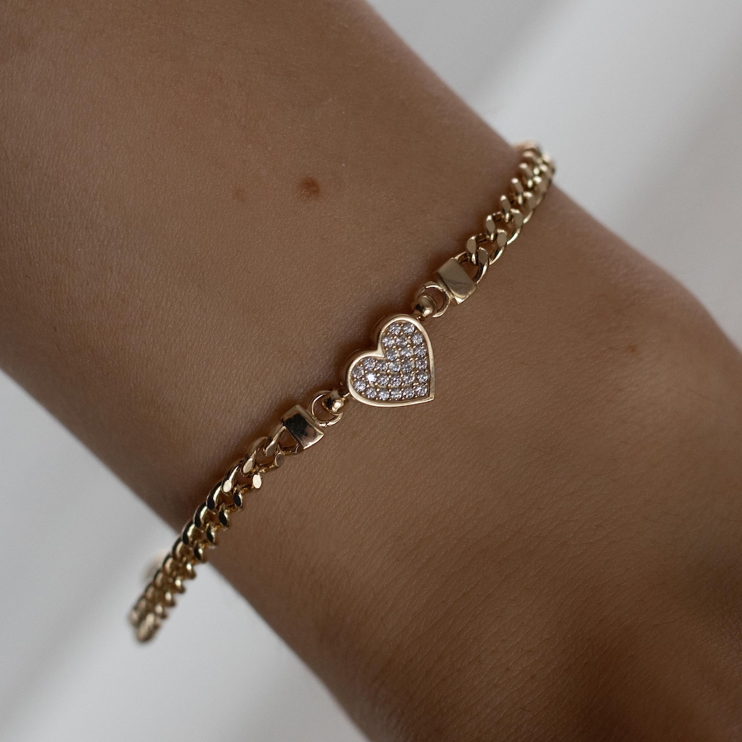 14K Real Gold Heart Bracelet – Elegant Chain Design With Sparkling ...