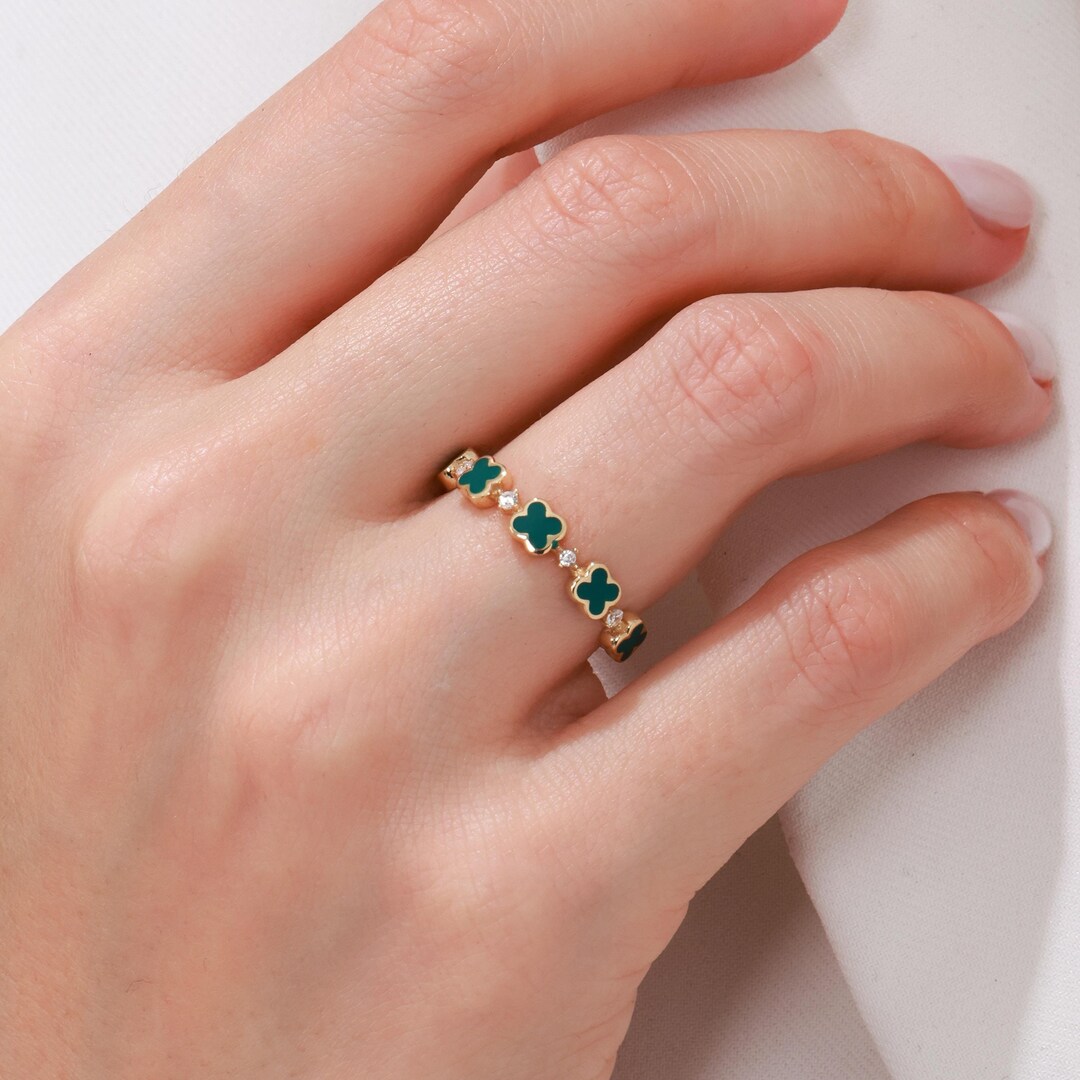 Solid Gold Clover Ring: Lucky Four-leaf Design With Zircon Stones - Etsy