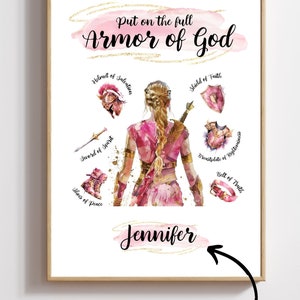Personalized Full Armor of God Wall Art, Pink Watercolor Armor of God ...