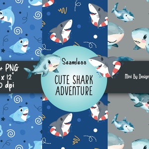 Cute Kawaii Shark Seamless Pattern Commercial Use Under the Sea Digital ...