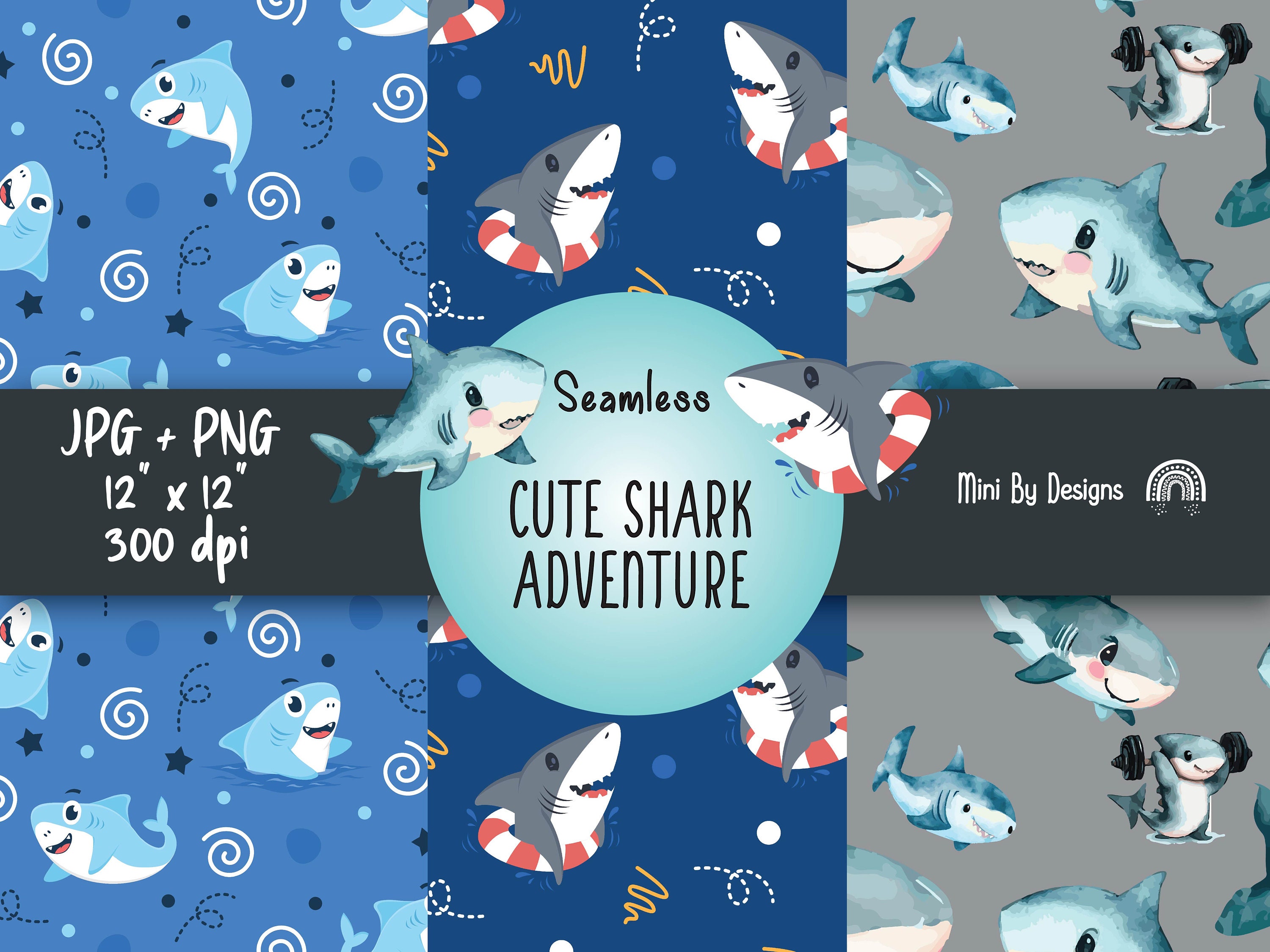 Cute Kawaii Shark Seamless Pattern Commercial Use Under the Sea Digital ...