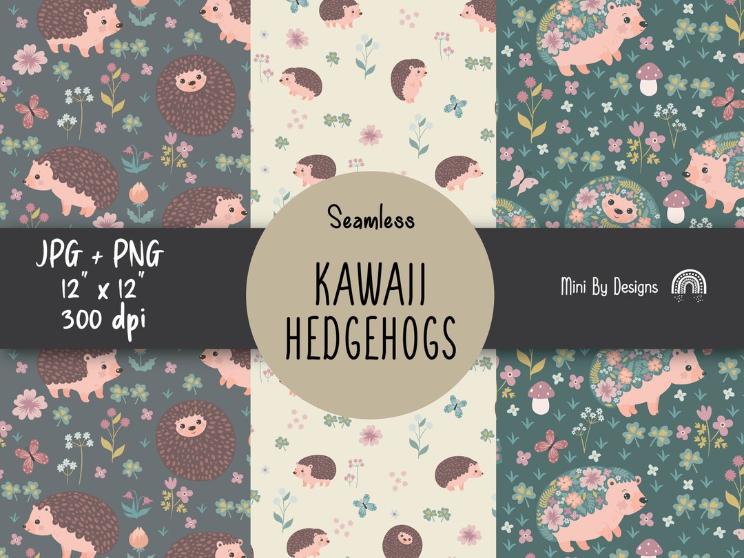 Kawaii Seamless Pattern Cute Hedgehog Digital Download Pack Retro ...