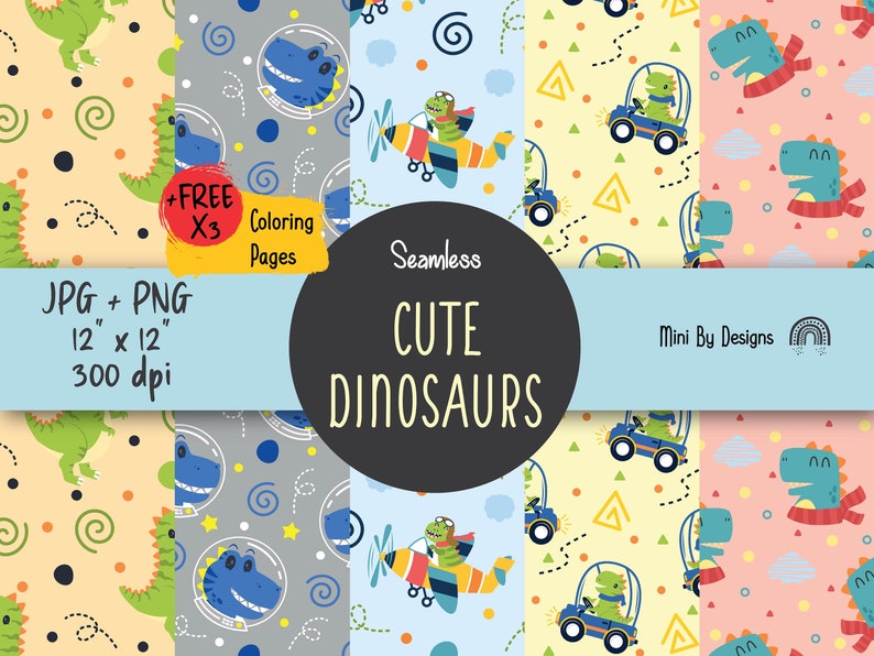 Cute Dinosaur Digital Paper PNG Dinosaurs Seamless Pattern Prehistoric ...