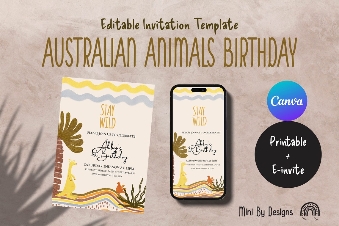 Australian Animals Birthday Invite Editable Template Kangaroo Birthday ...
