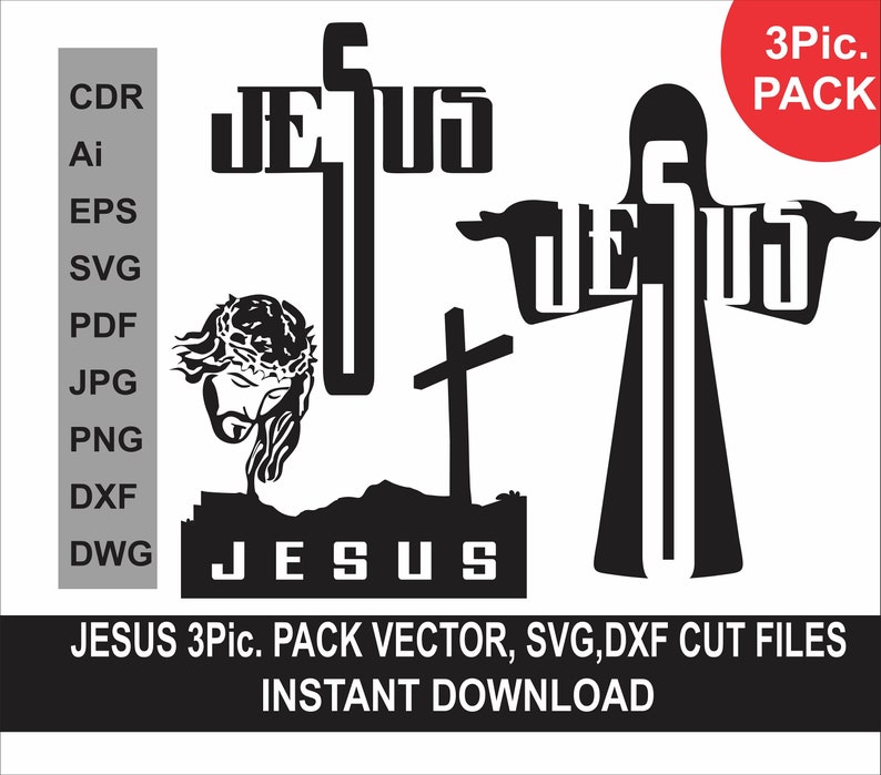3 Pc JESUS Cross Laser Cut, Digital Art. Vector File for Laser Cutting ...