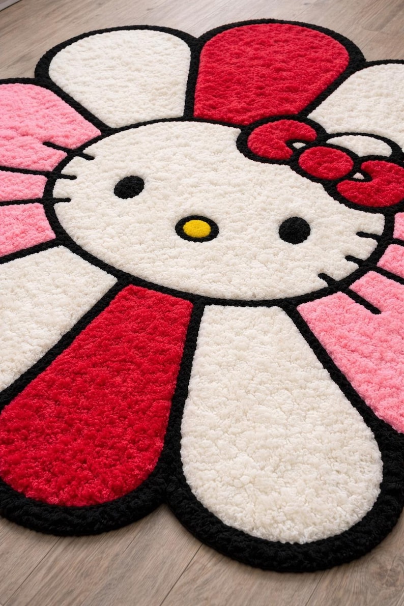 Hello Kitty Flower Rug Murakami Inspired 3D Tufted Area Rug Cute Kawaii ...