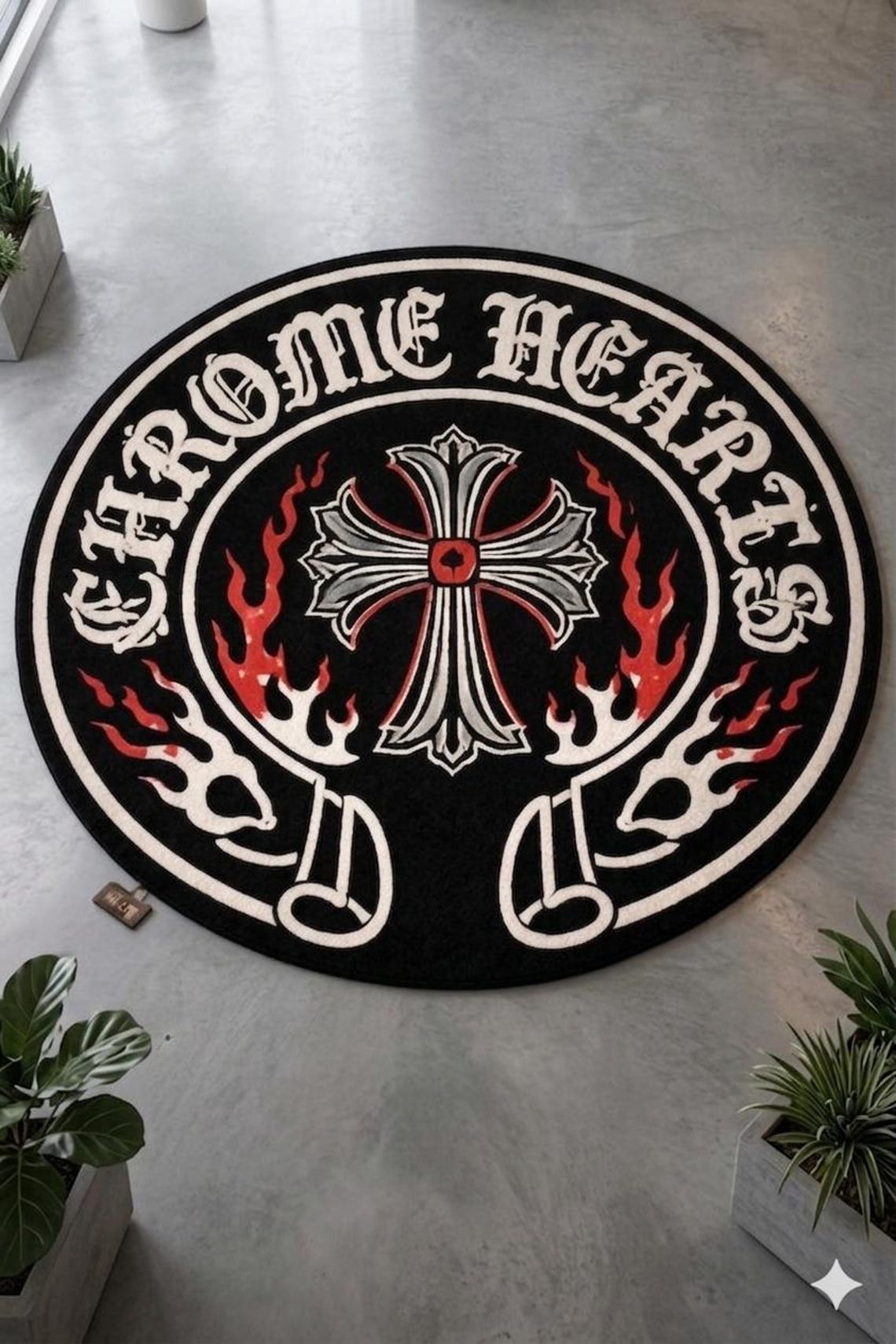 Chrome Hearts Inspired Circular Rug Gothic Cross & Flame Tufted Area ...