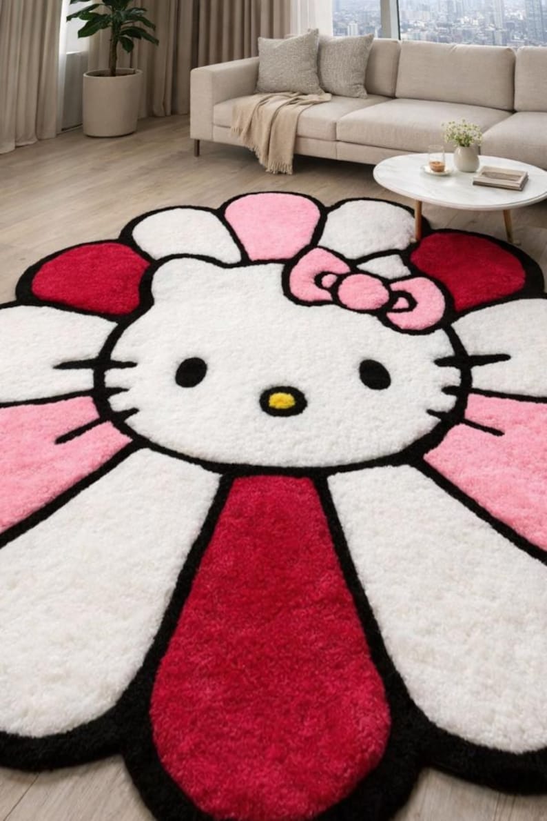 Hello Kitty Flower Rug Murakami Inspired 3D Tufted Area Rug Cute Kawaii ...