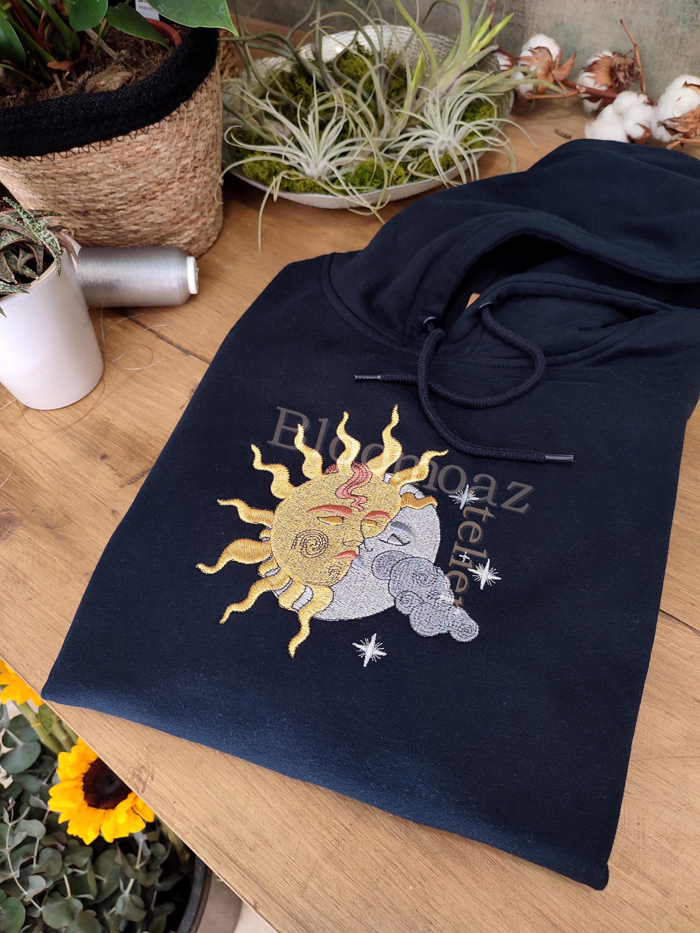 Embroidered Sun and Moon Navy Hoodie Sweatshirt, Embroidered Pullover ...