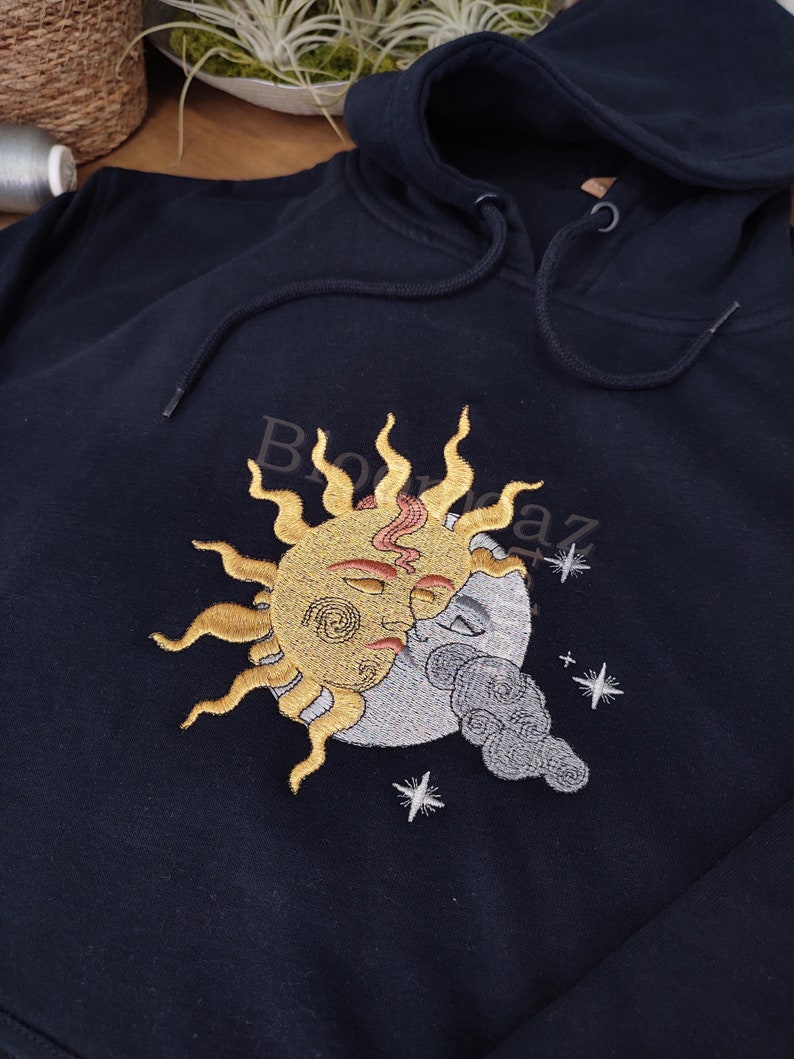 Embroidered Sun and Moon Navy Hoodie Sweatshirt, Embroidered Pullover ...