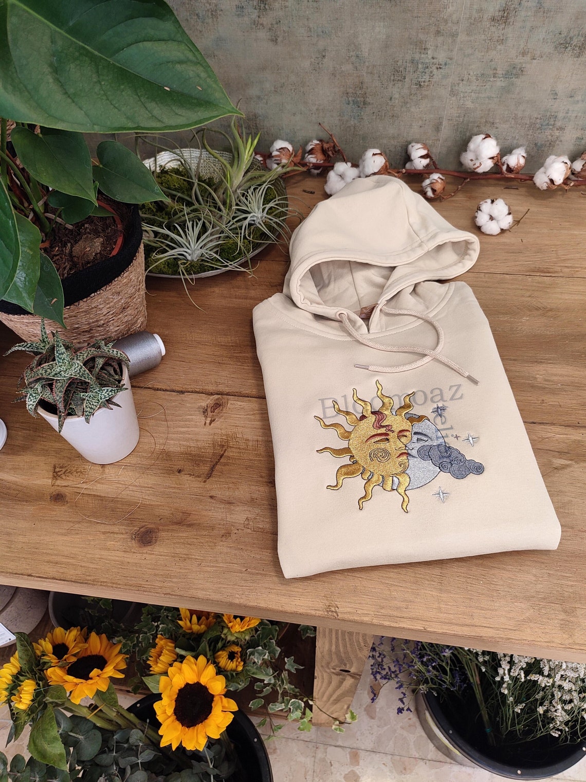 Embroidered Sun and Moon Hoodie Sweatshirt, Embroidered Pullover ...