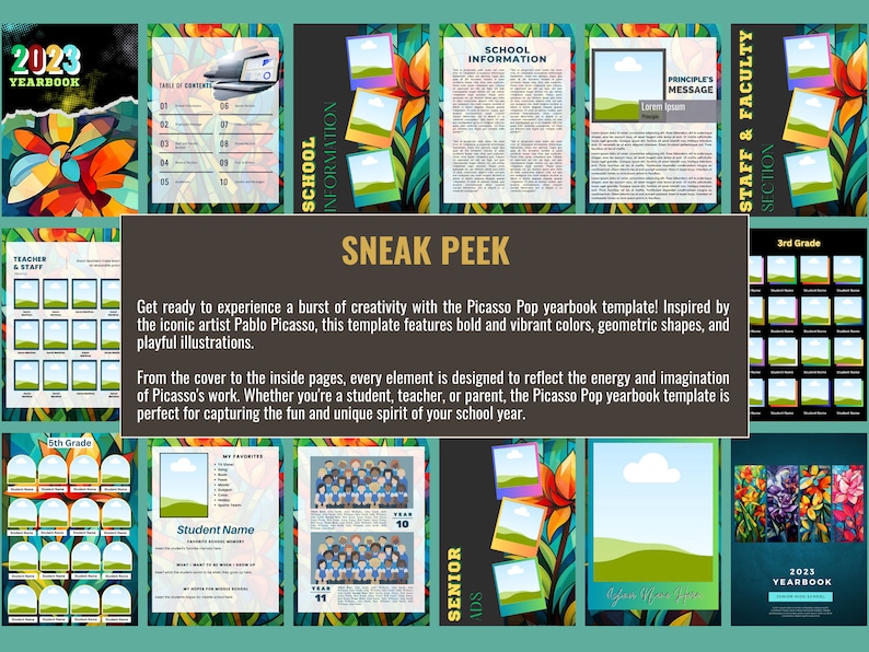 School Spirit Inspired Elementary Yearbook Template With Picasso Pop ...