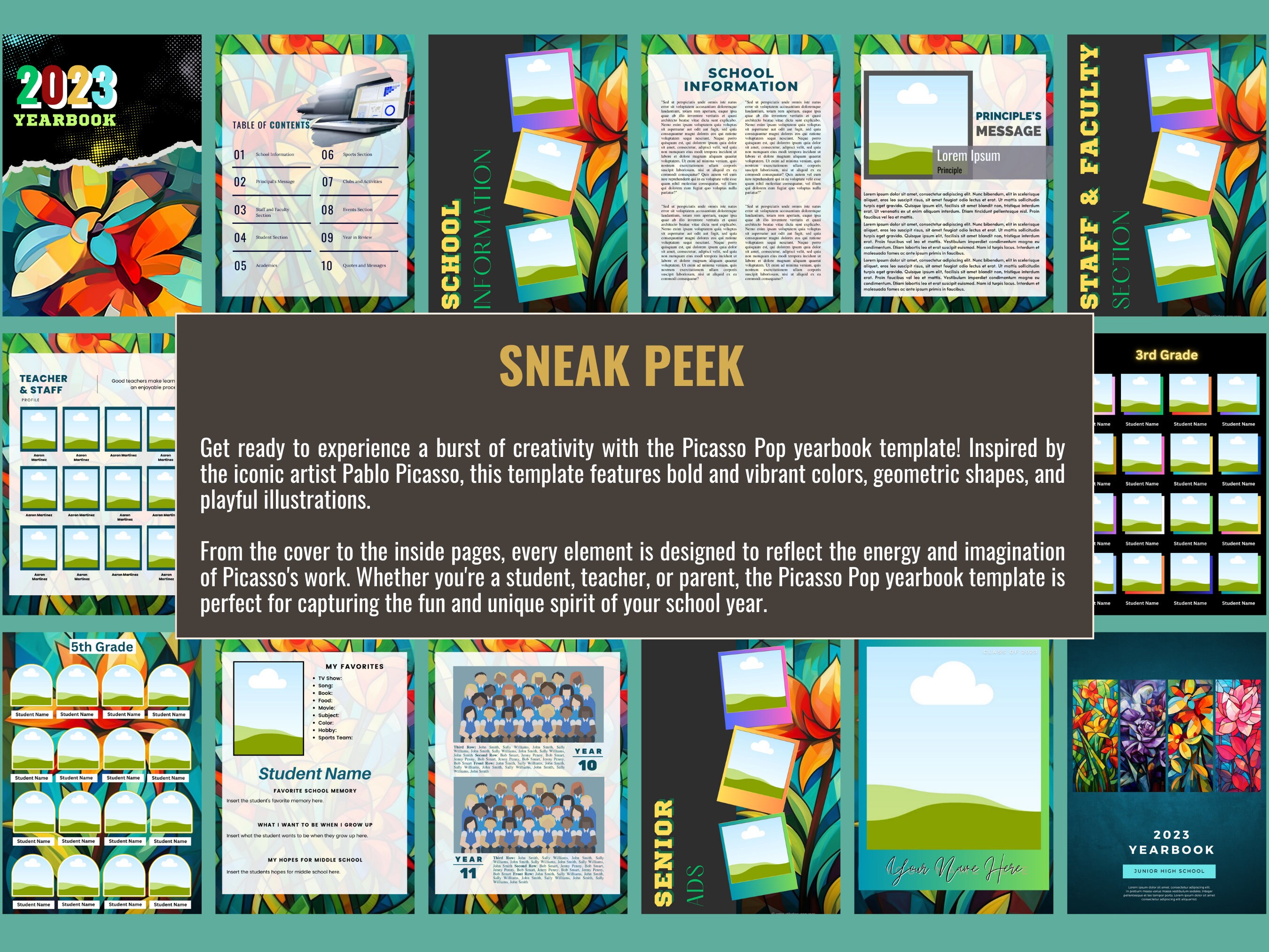 School Spirit Inspired Elementary Yearbook Template With Picasso Pop ...