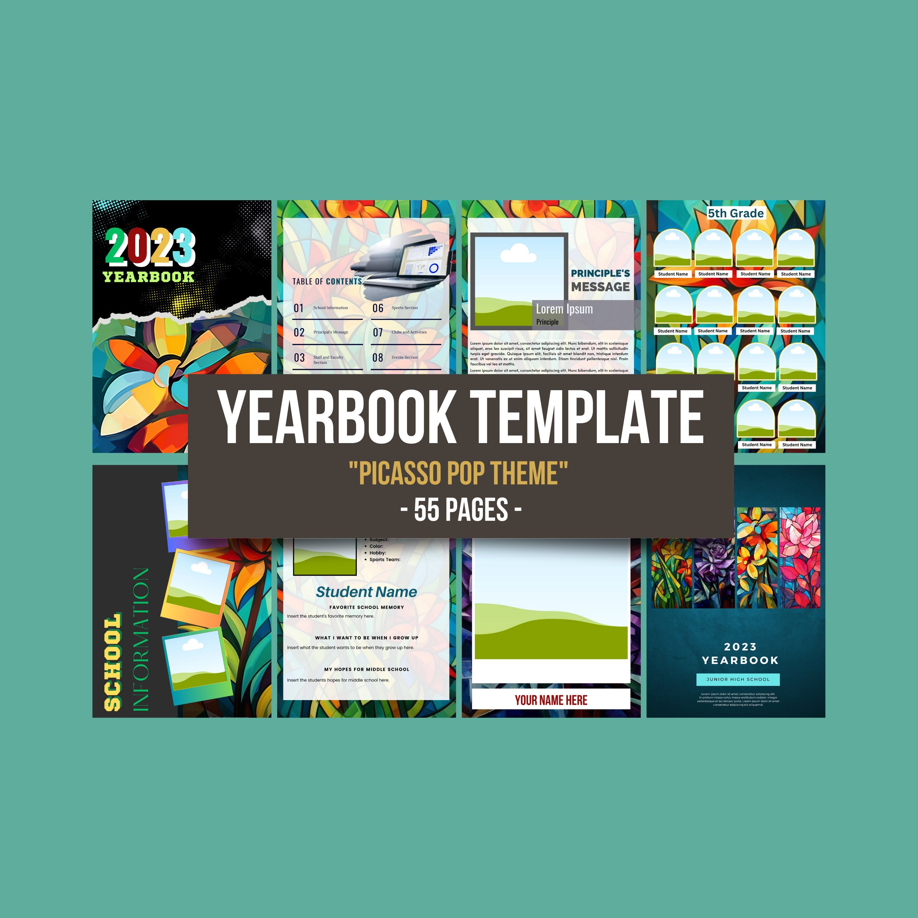 School Spirit Inspired Elementary Yearbook Template With Picasso Pop ...