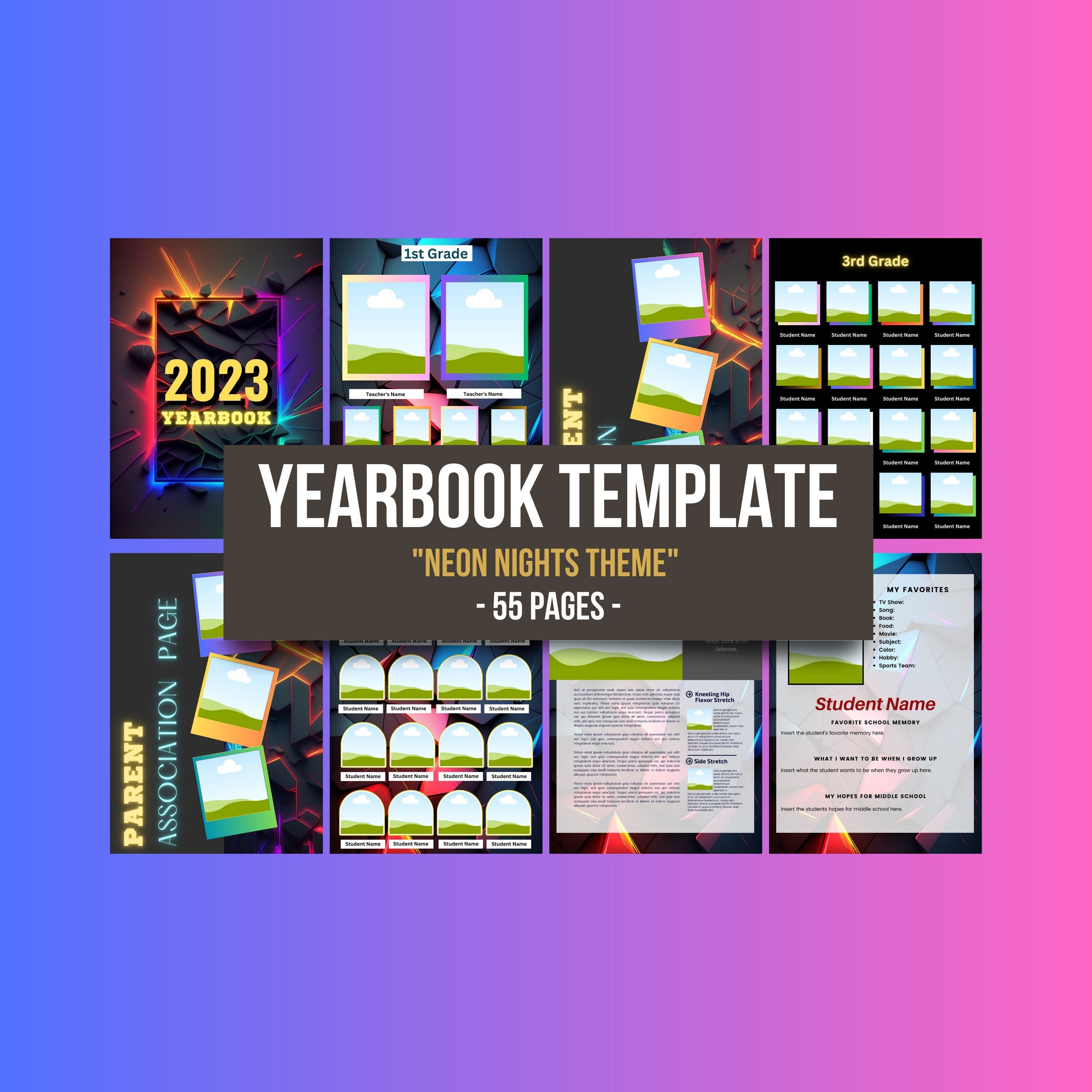 Photo-inclusive Elementary School Yearbook Template With Neon Night ...