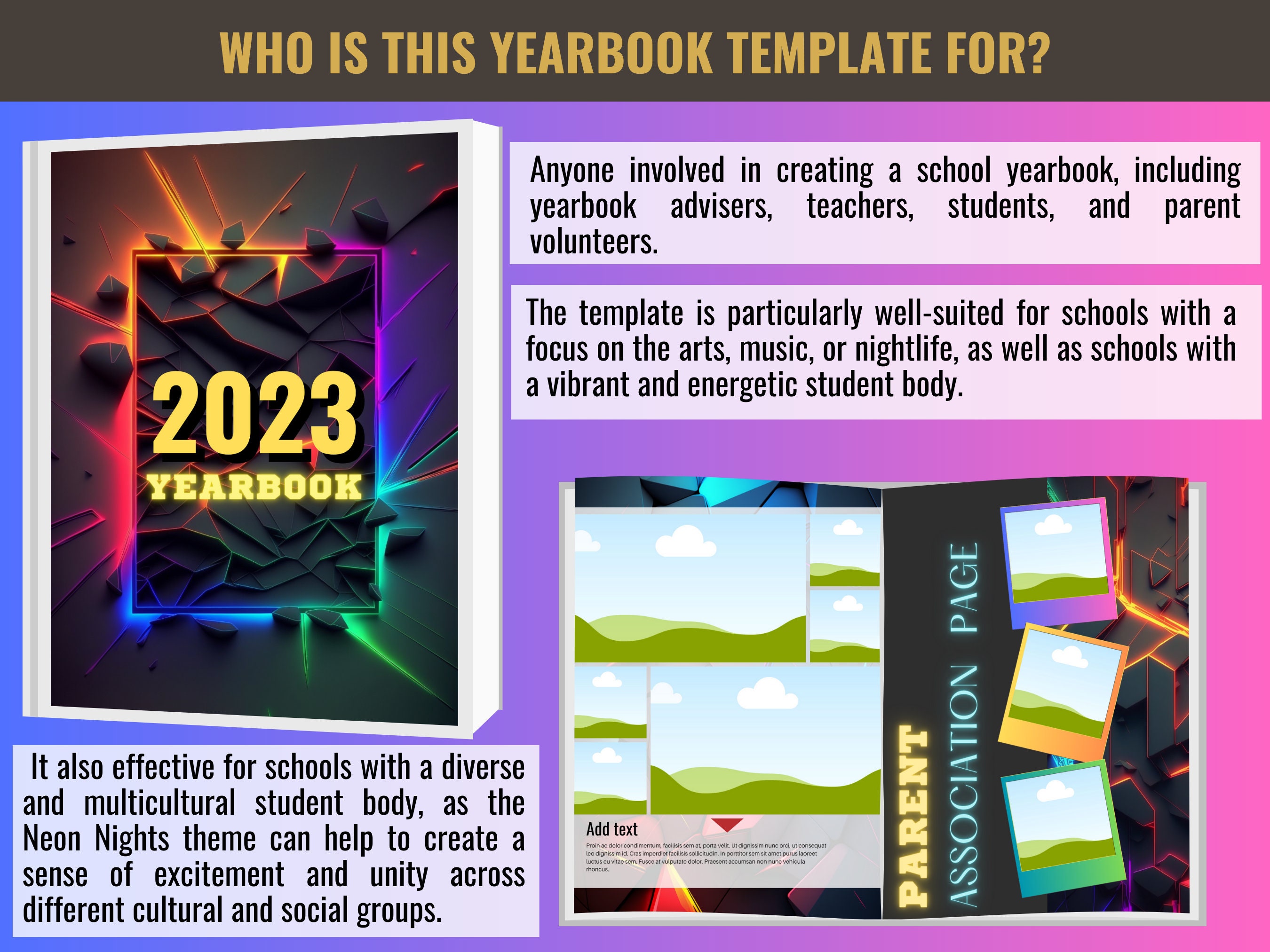 Photo-inclusive Elementary School Yearbook Template With Neon Night ...