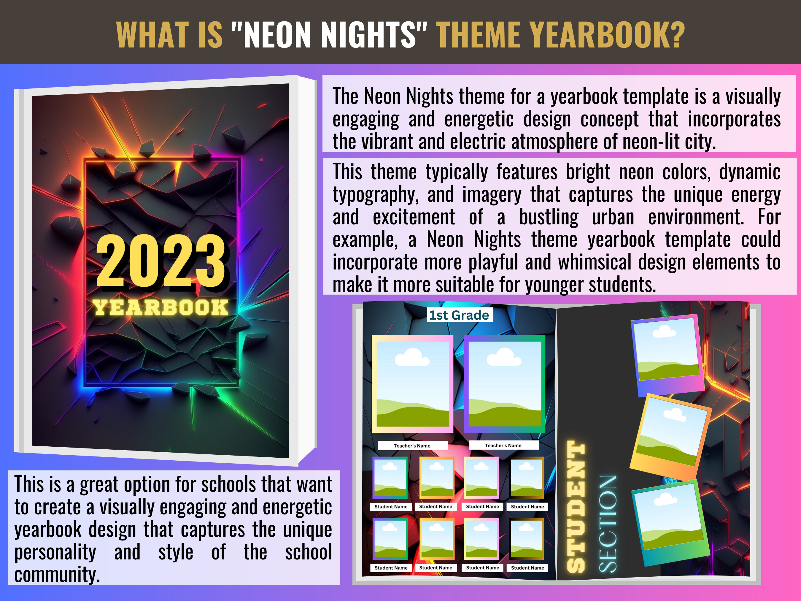Photo-inclusive Elementary School Yearbook Template With Neon Night ...