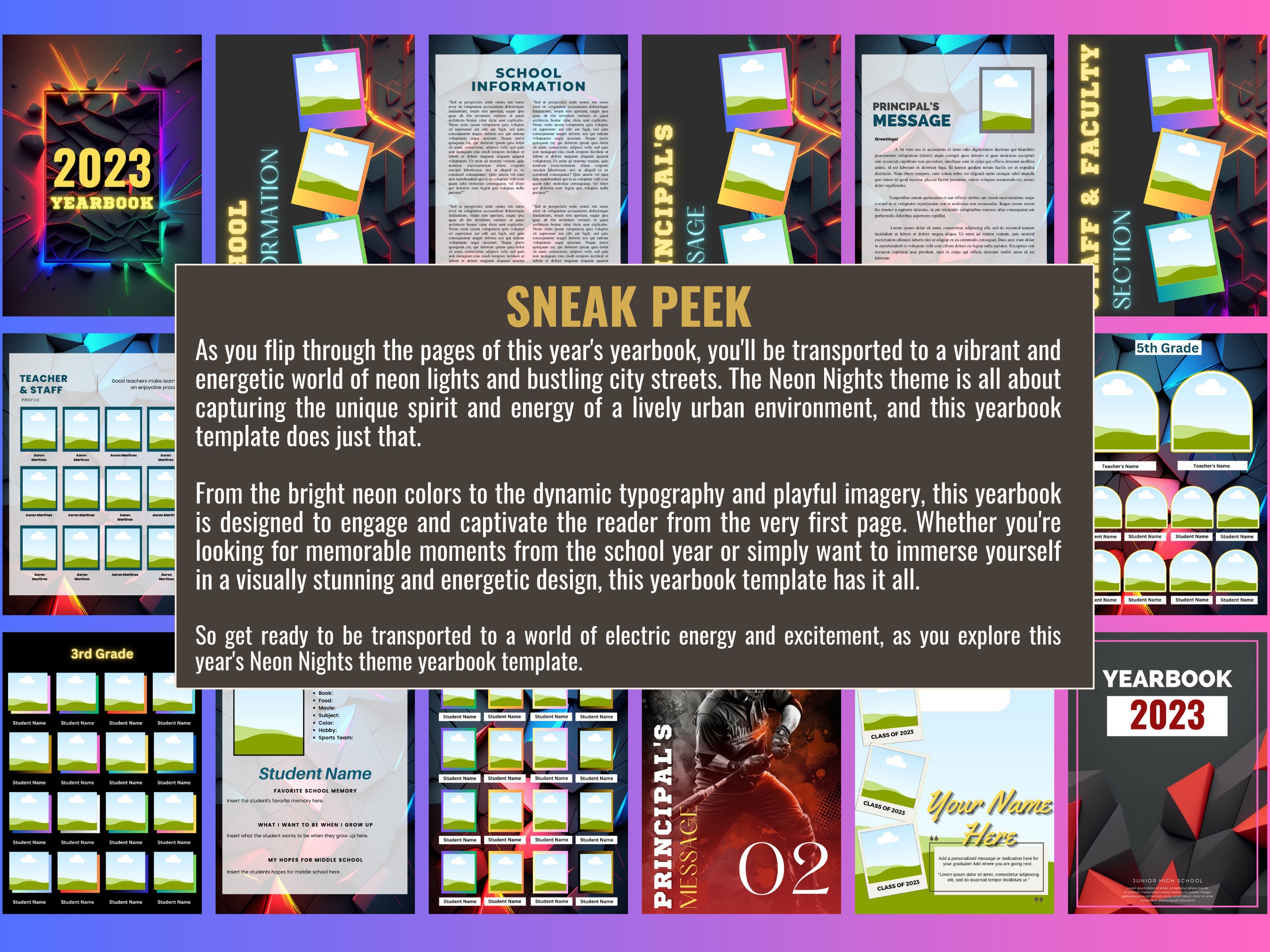 Photo-inclusive Elementary School Yearbook Template With Neon Night ...