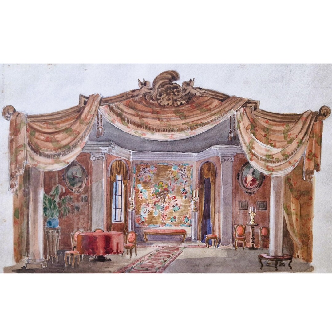 Theater Stage Design Original Painting, Antique Watercolor Interior ...