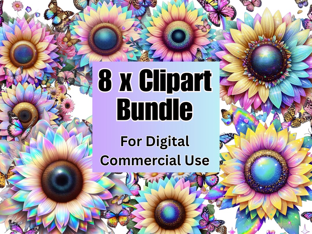 8 X Clipart Pastel Rainbow Sunflowers and Butterflies Digital Designs ...