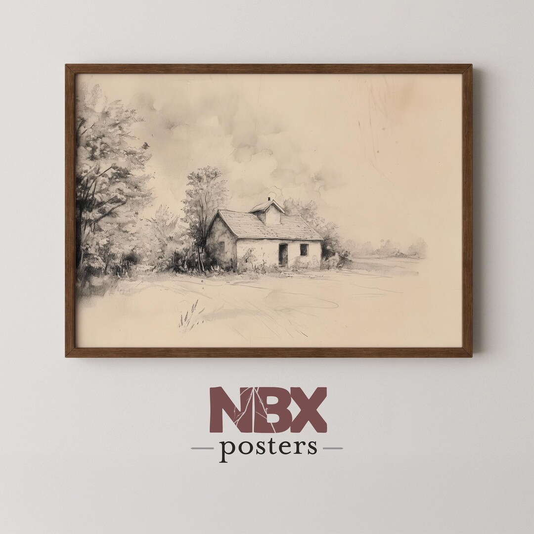 Vintage Rural Cottage Sketch – Printable Wall Art, Rustic Farmhouse ...