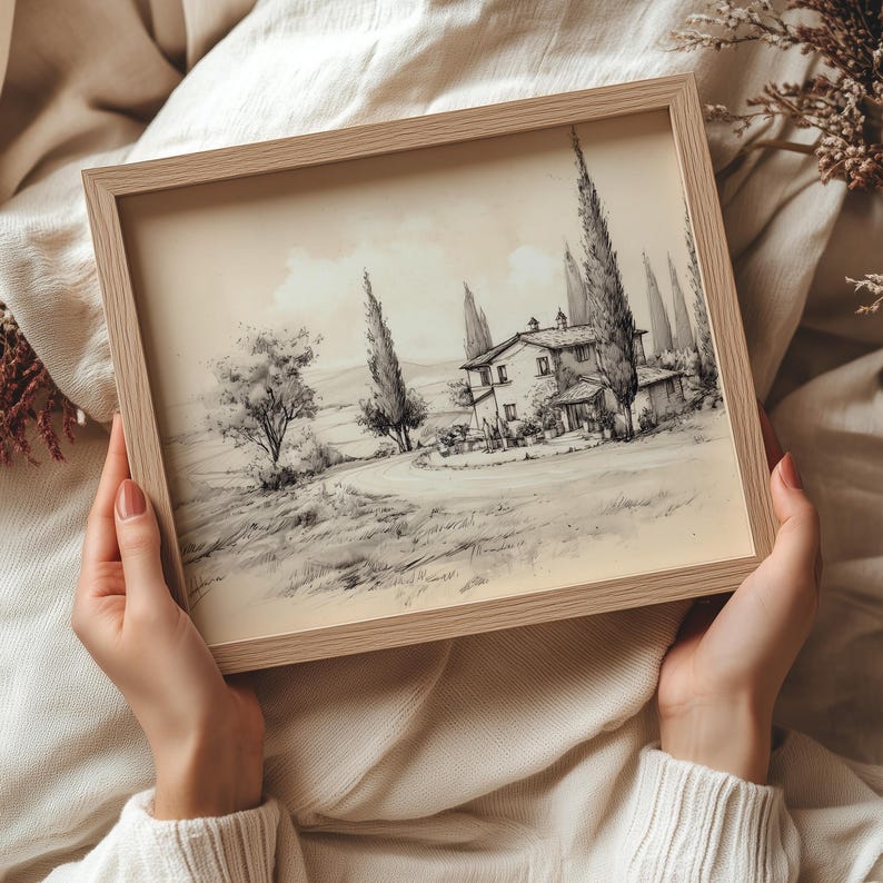 Rustic Italian Farmhouse Printable – Vintage Ink Drawing of Tuscan ...